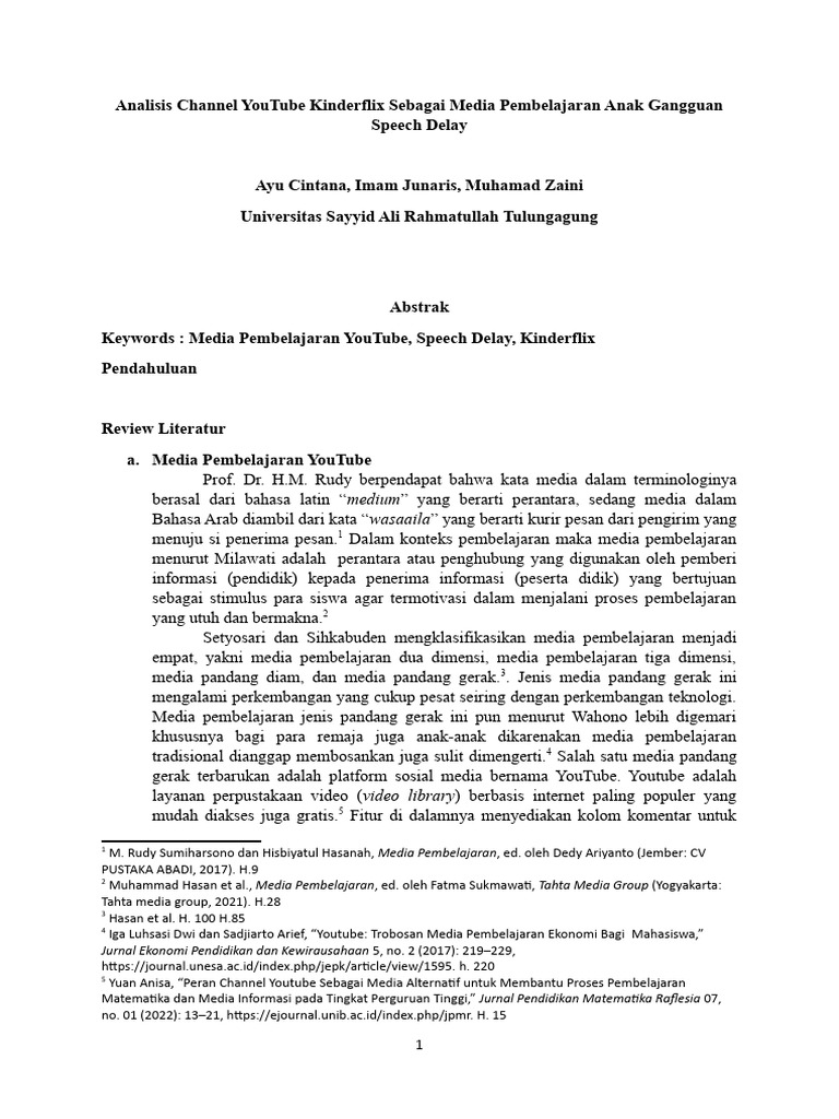 Inisiasi Implementasi YouTube Sebagai Media Pembelajaran Anak Gangguan Speech Delay | PDF