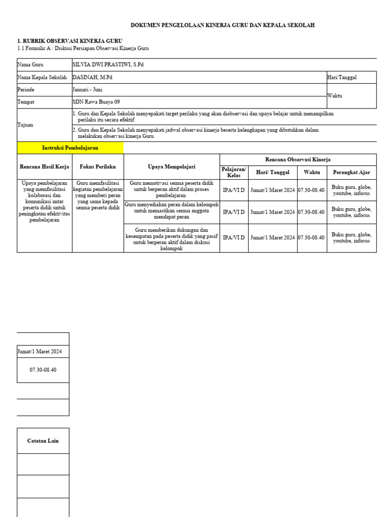 Form Observasi Guru SILVIA | PDF