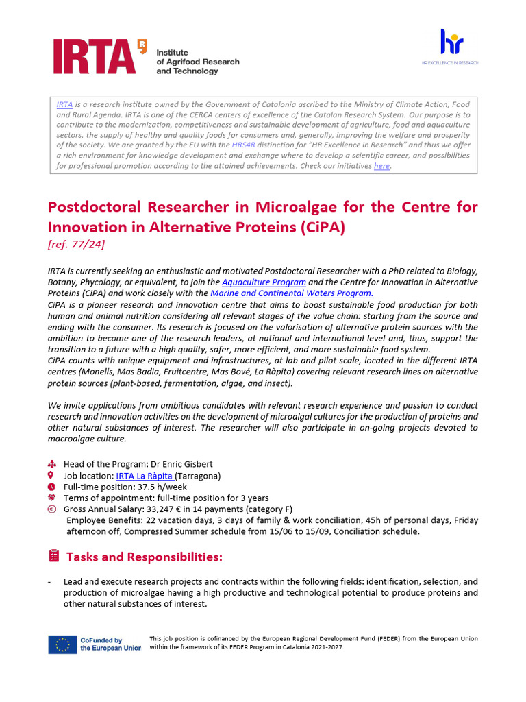 Postdoctoral Researcher in Microalgae | PDF | Recruitment | Innovation