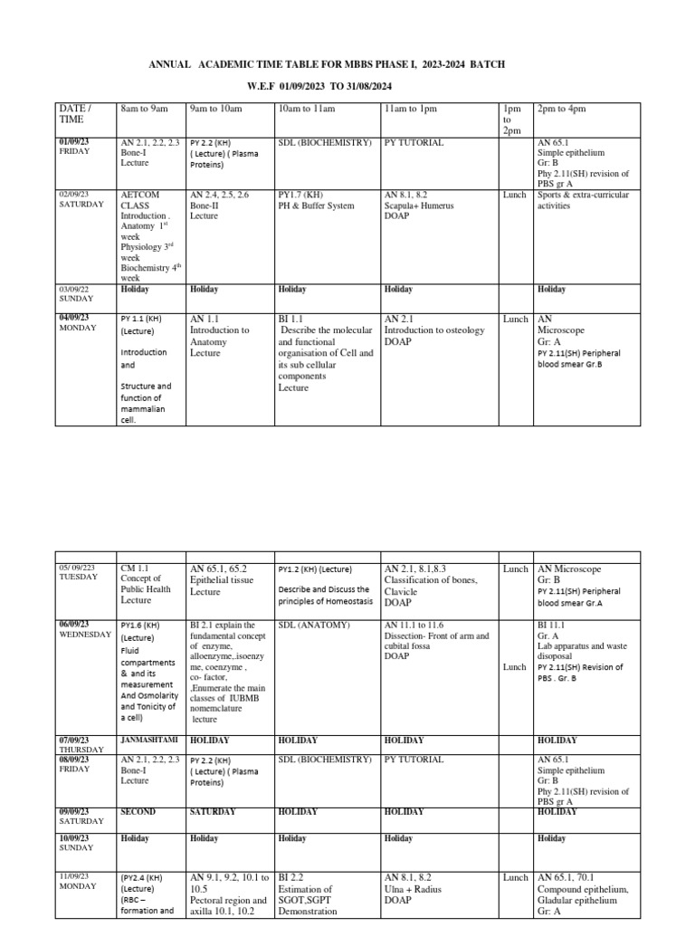 2, Daywsie ACADEMIC TIME TABLE FOR 1st Professional MBBS | PDF | Arm ...