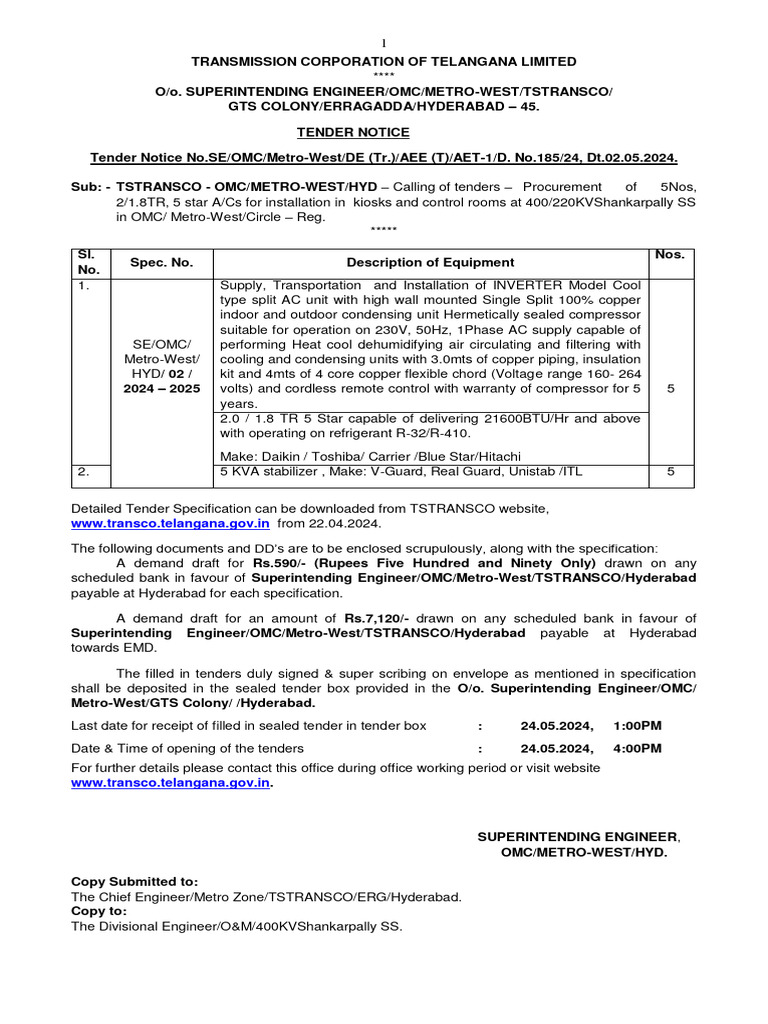 Shankarpally 5 Nos ACsTender Spec Online 3 Phase 1 | PDF | Payments | Insurance