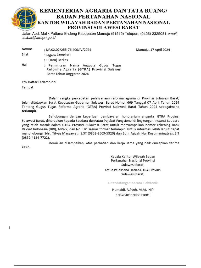 SURAT PERMINTAAN NAMA ANGGOTA GTRA PROV. SULBAR 2024-Dikompresi | PDF