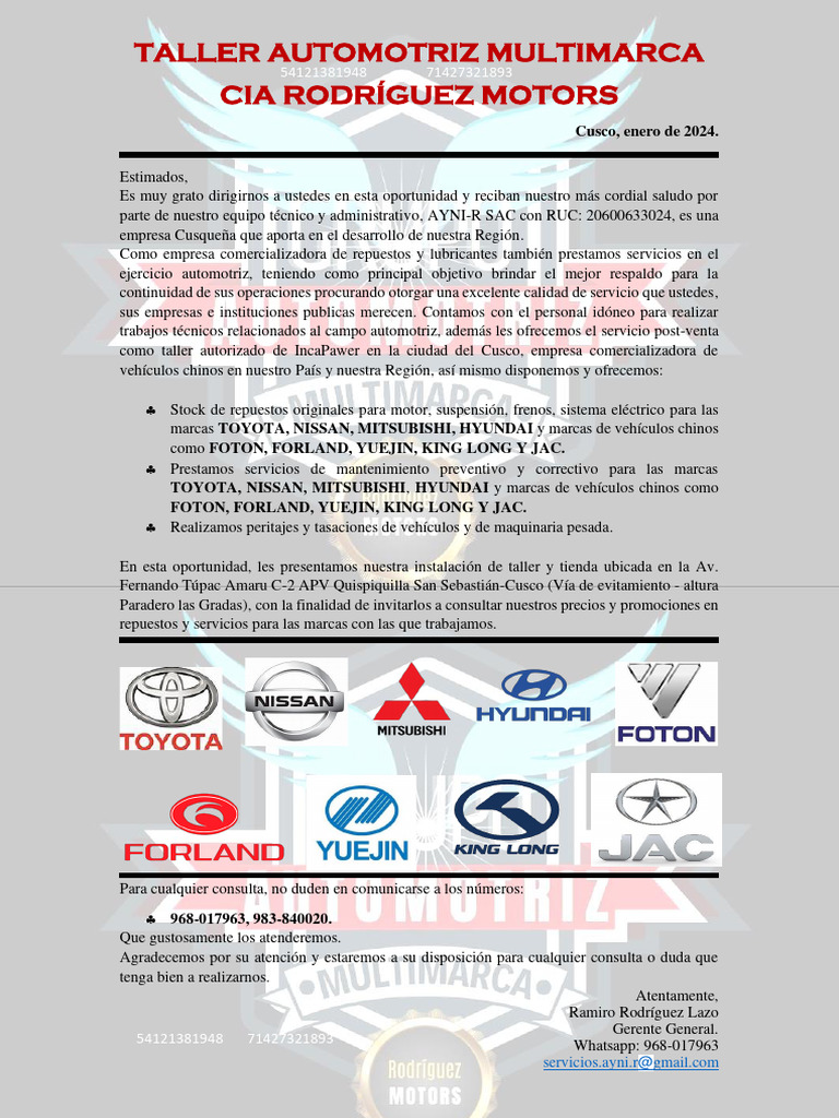 Carta de Presentación TALLER AUTOMOTRIZ MULTIMARCA RODRIGUEZ MOTORS | PDF | Coche | Vehículos ...