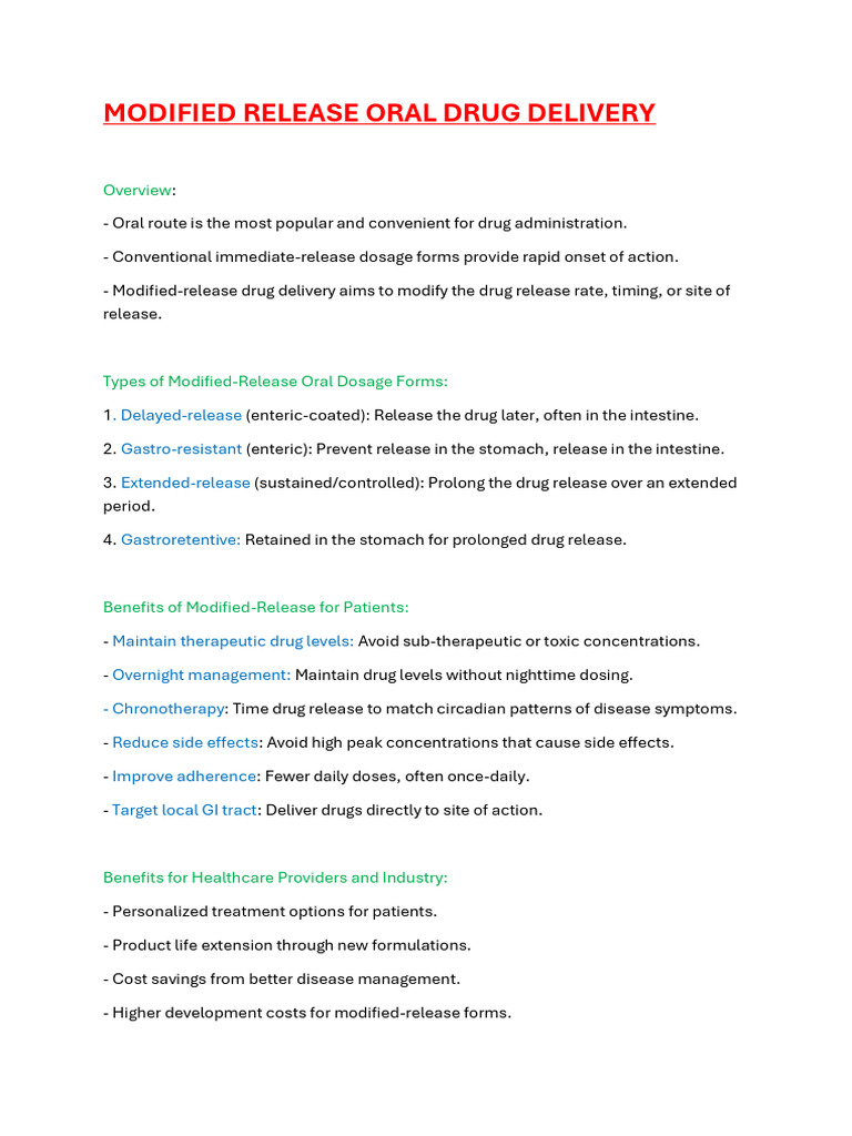 Prolonged vs Modified Release Overview | PDF | Pharmacology | Drugs