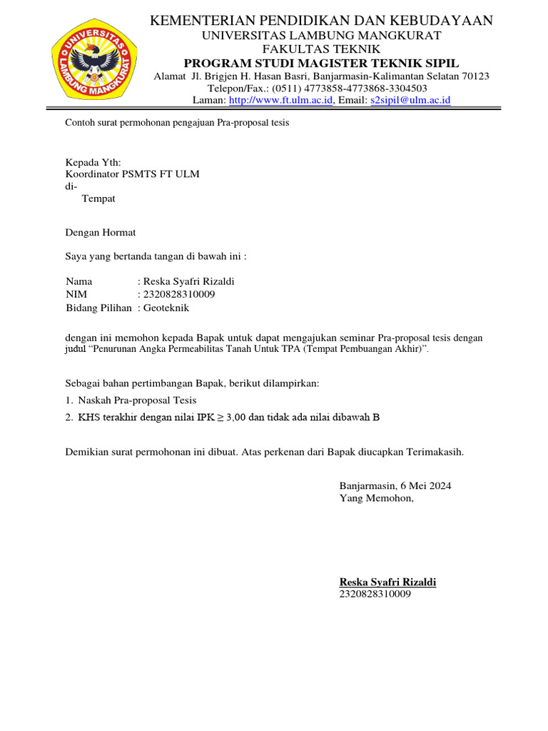 Contoh Surat Permohonan Pengajuan Pra-Proposal Tesis | PDF