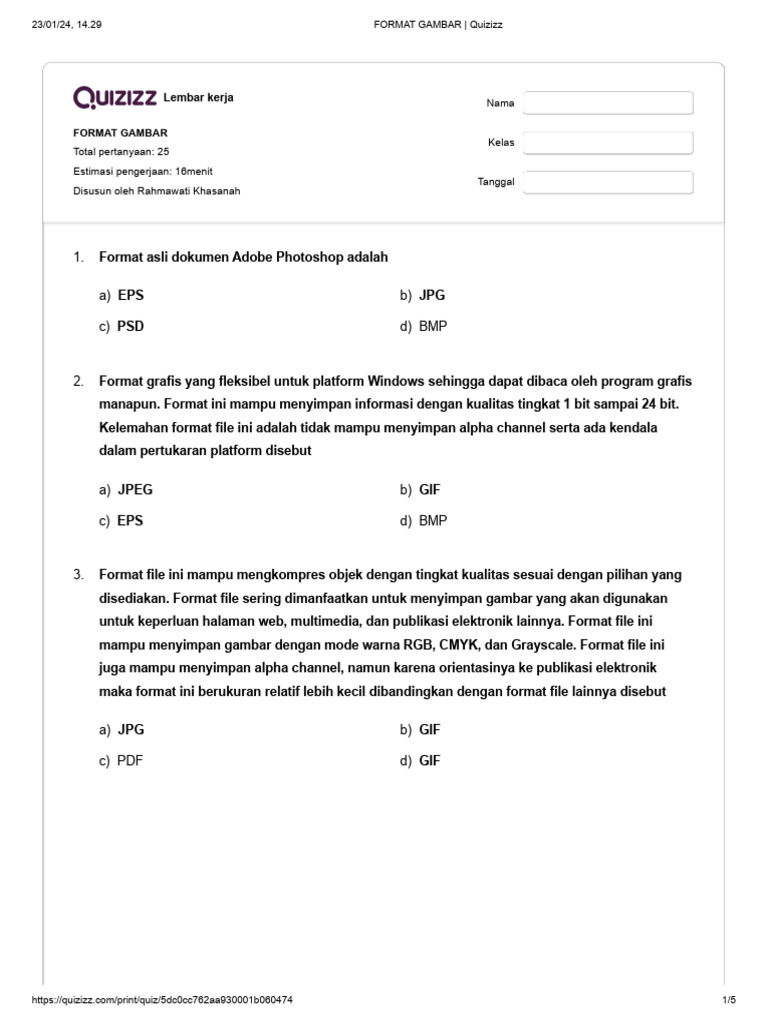 FORMAT GAMBAR - Quizizz | PDF | Komputer