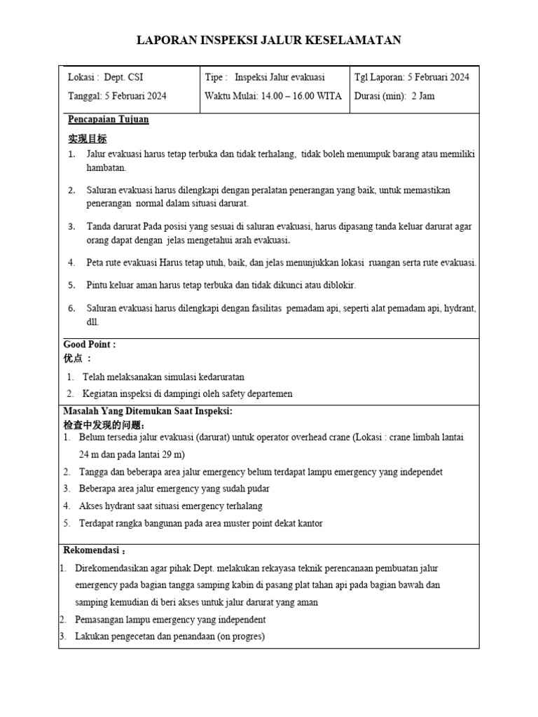 Inspeksi Jalur Evakuasi CSI | PDF