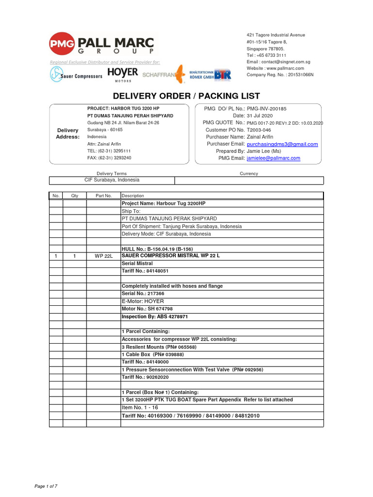 Shipping Doc. - Pfi, Do & PL# Pmg-Inv-200185 (Compressor With Item 1 ...