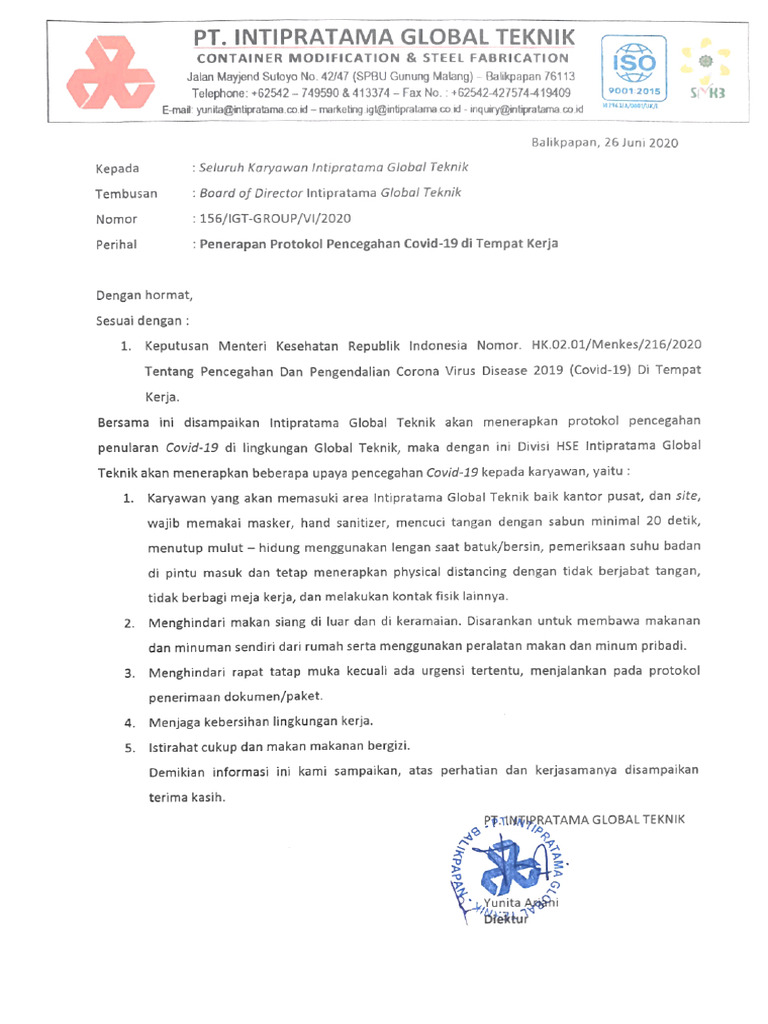 Penerapan Protokol Covid 19 Di Tempat Kerja Igt | PDF