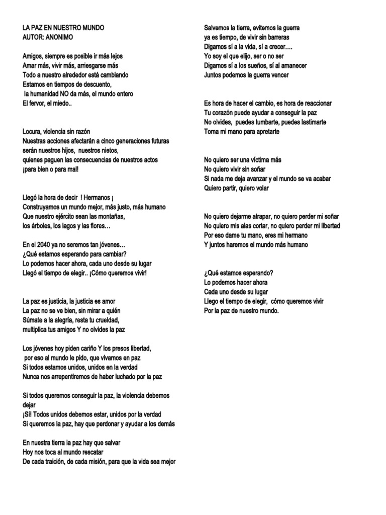 Poema por la Paz en Nuestro Mundo | PDF