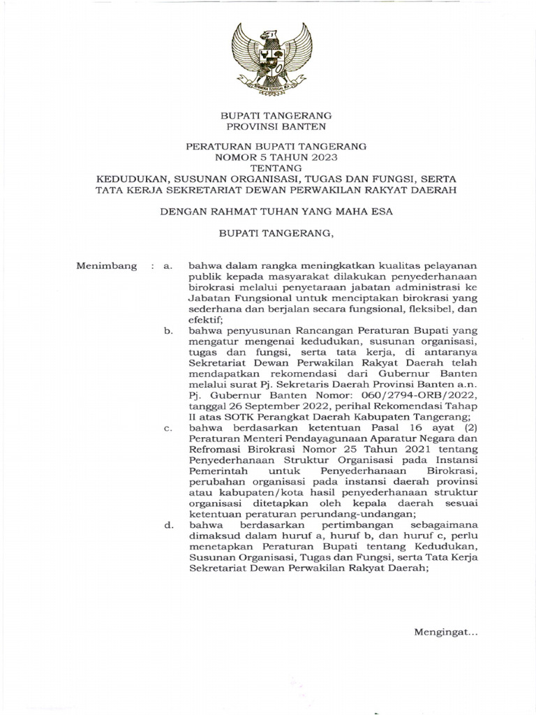 Perbup 5 Tahun 2023 SOTK DPRD | PDF