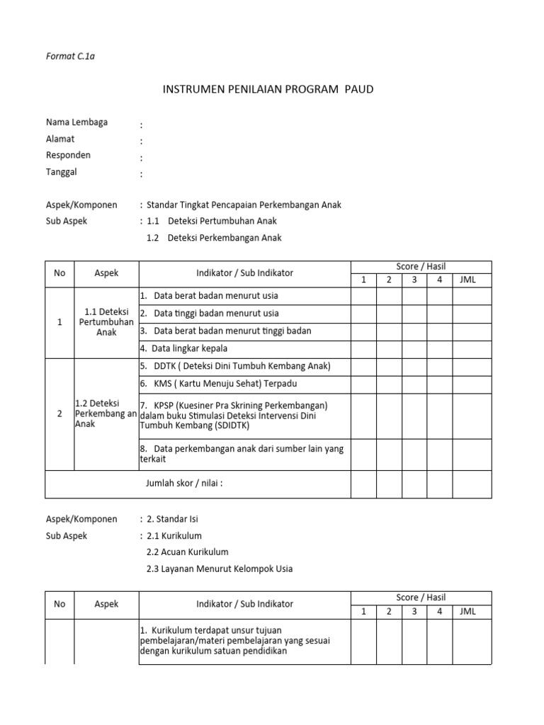 Instrumen Penilaian Satuan PAUD Tahun 2024 | PDF | Karier & Perkembangan