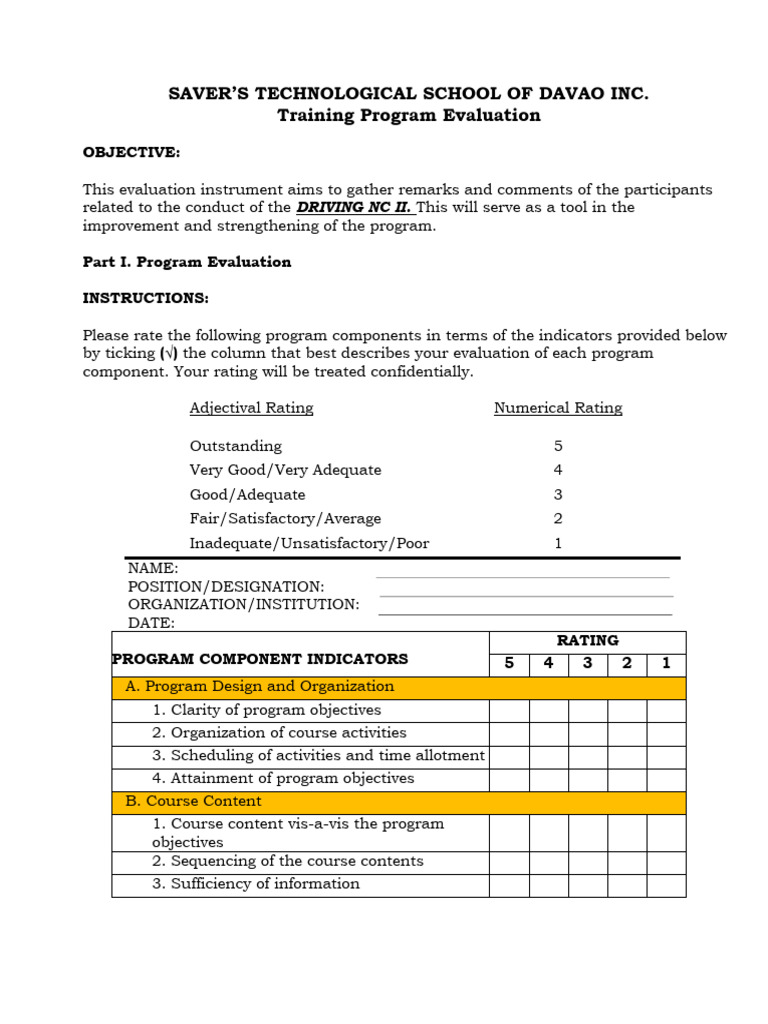 Driving NC II Program Evaluation Form | PDF | Learning | Traffic