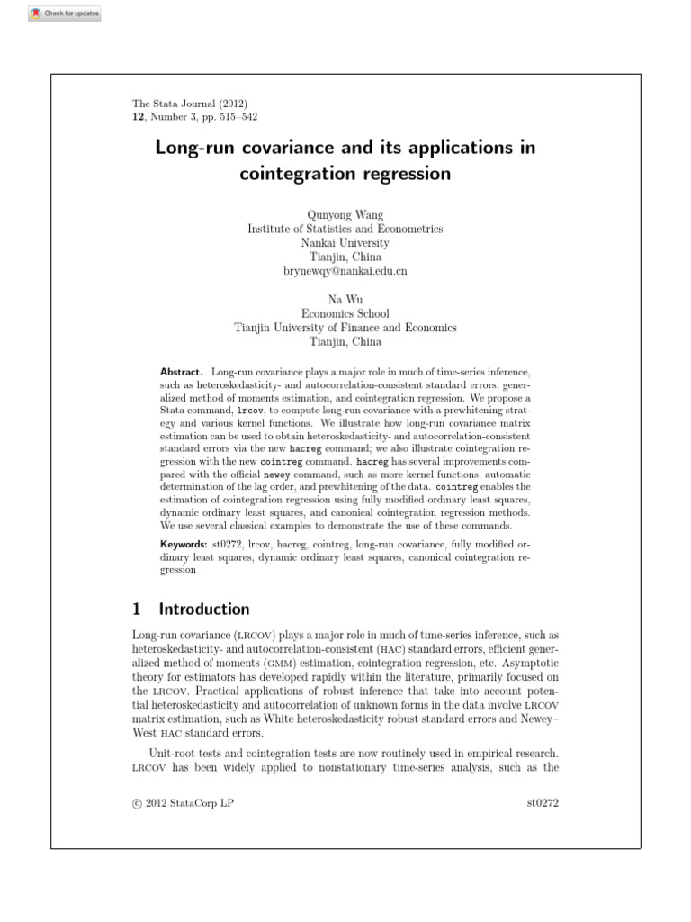 Wang Wu 2012 Long Run Covariance and Its Applications in Cointegration Regression | PDF ...