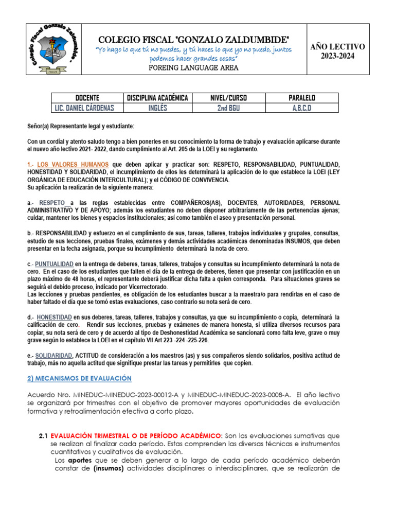 Normas de Trabajo Area de Ingles 2nd Bgu | PDF | Evaluación ...