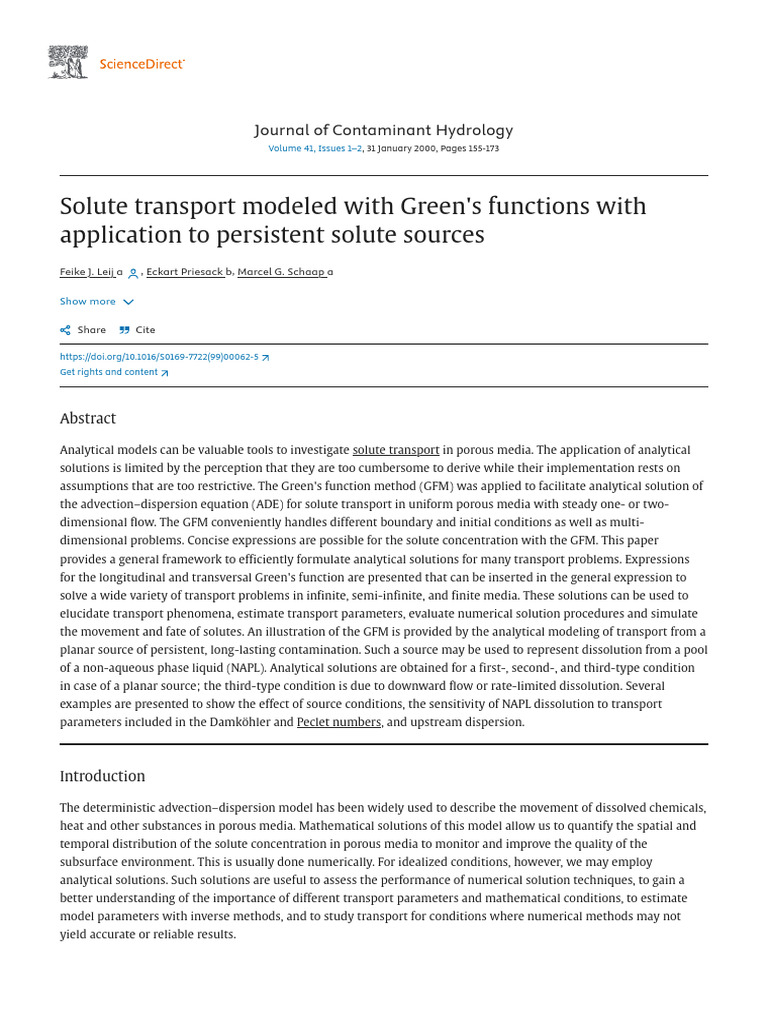 Solute transport modeled with Green functions | PDF | Equations | Green's Function