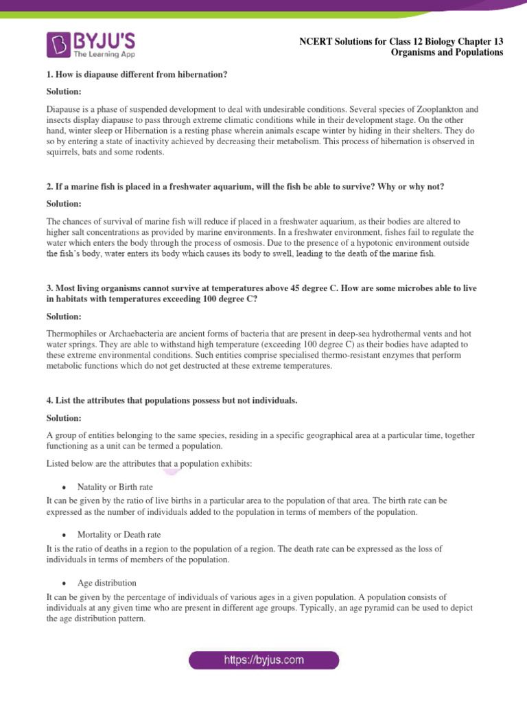 NCERT Solutions For Class 12 March 30 Biology Chapter 13 Organisms and ...