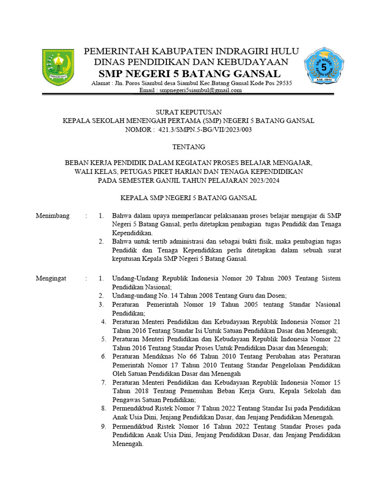 SK Pembagian Tugas Sem Ganjil 2023-2024 | PDF