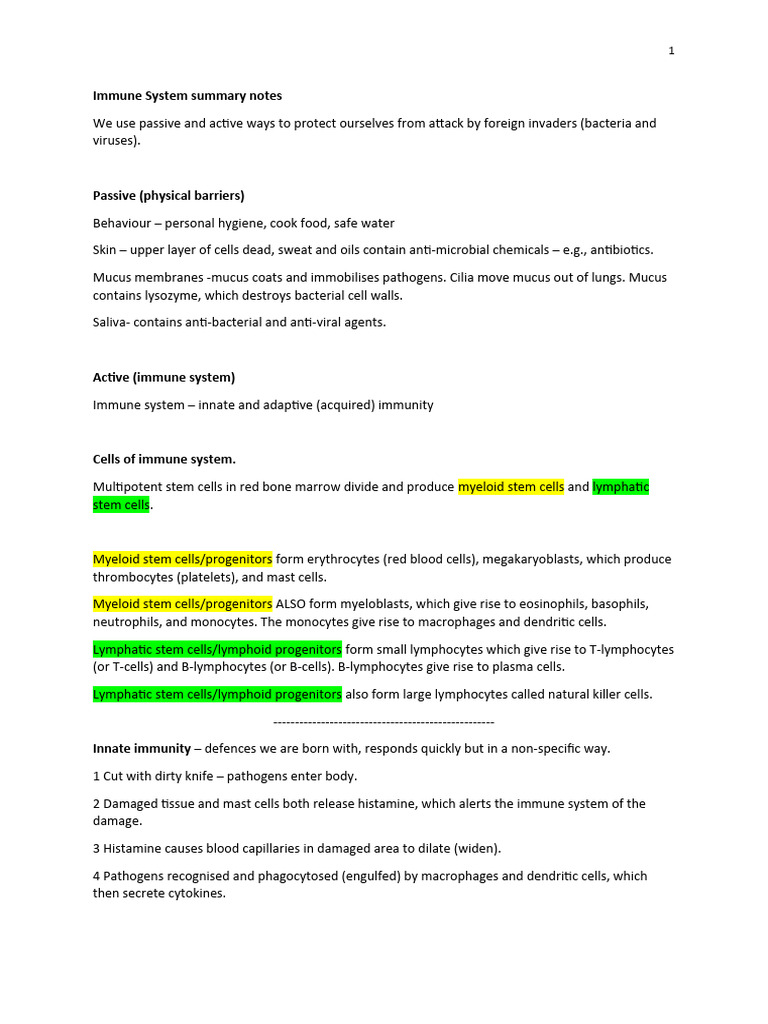 Revision Notes - Immune System - 2024 | PDF | Lymphatic System | Antigen