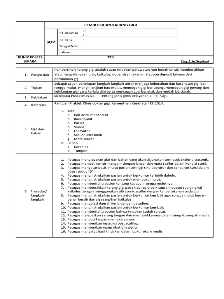 SOP Pembersihan Karang Gigii | PDF