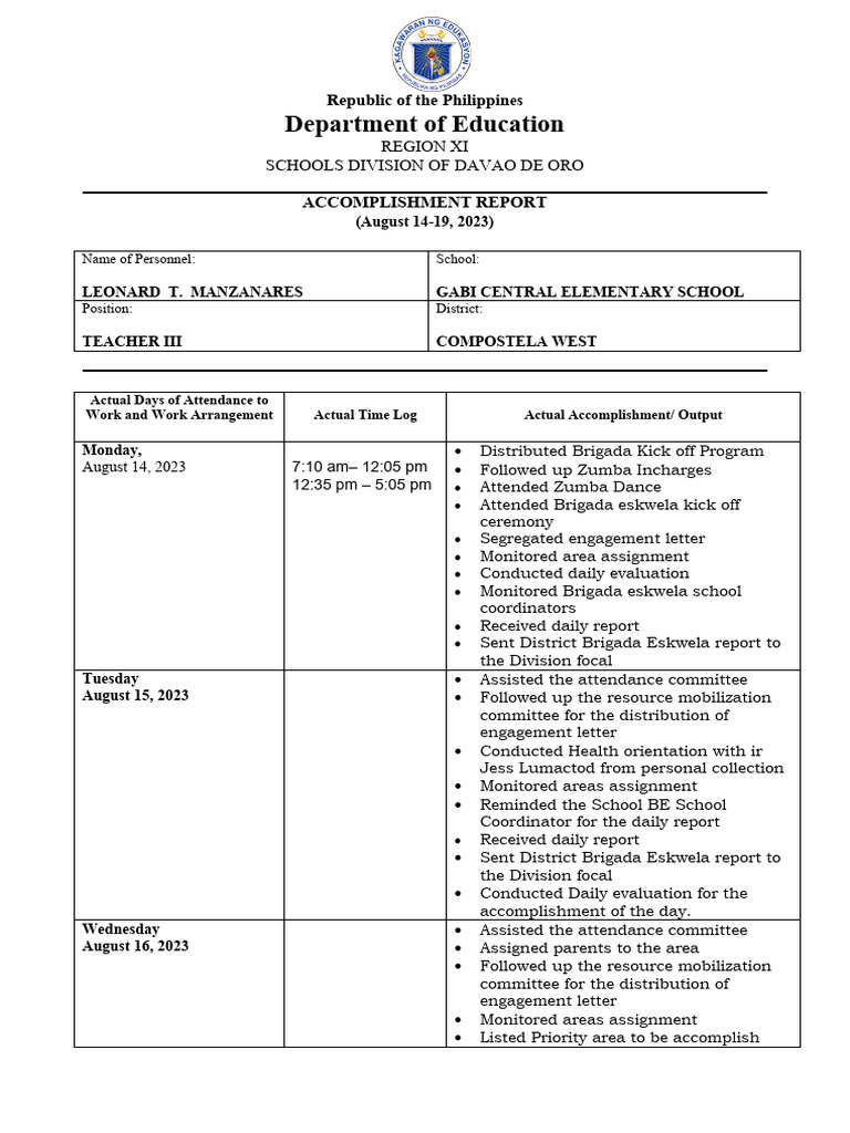 Accomplishment Report BE 2023 | PDF