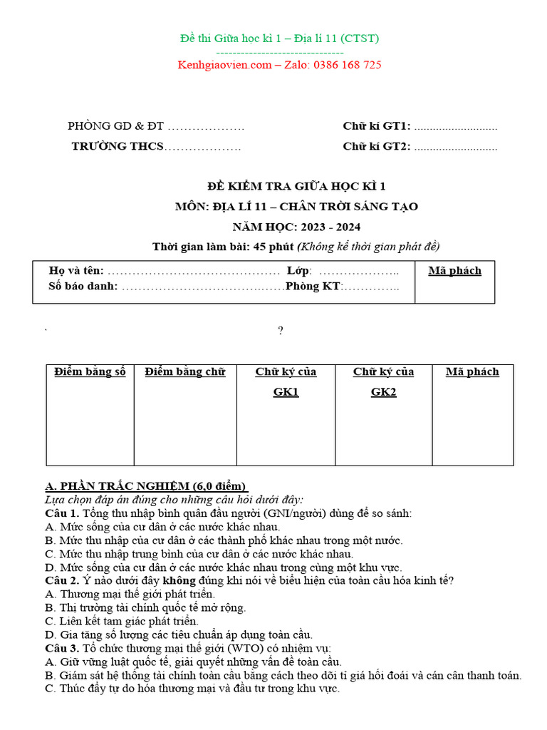 Demo de Thi Ghk1 Dia Li 11 Ctst | PDF