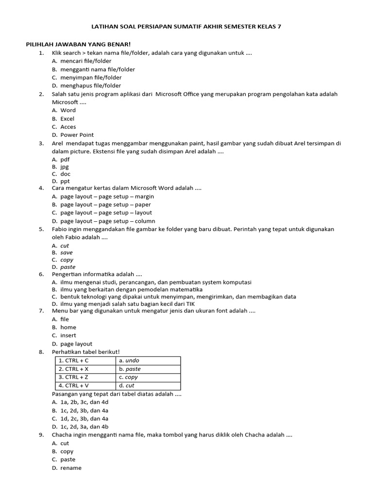 Latihan Soal Persiapan Sas Kelas 7 - 2324 | PDF