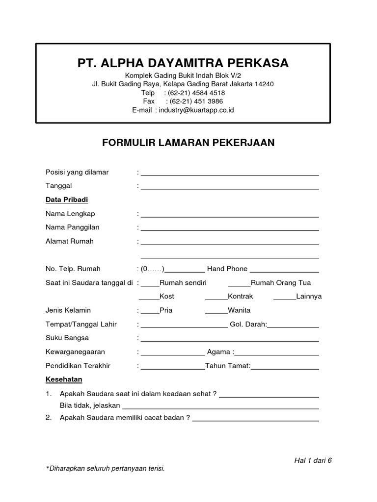 Form Data Diri Lamaran Kerja PT. Alpha Dayamitra Perkasa | PDF | Bisnis ...
