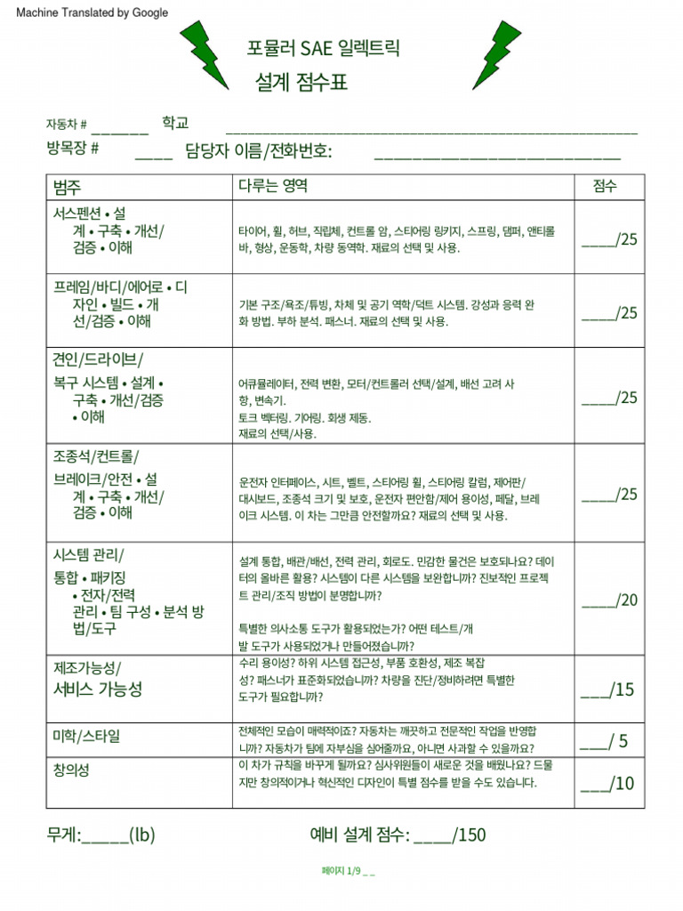 2024 FSAE EV Score Sheet (번역) | PDF