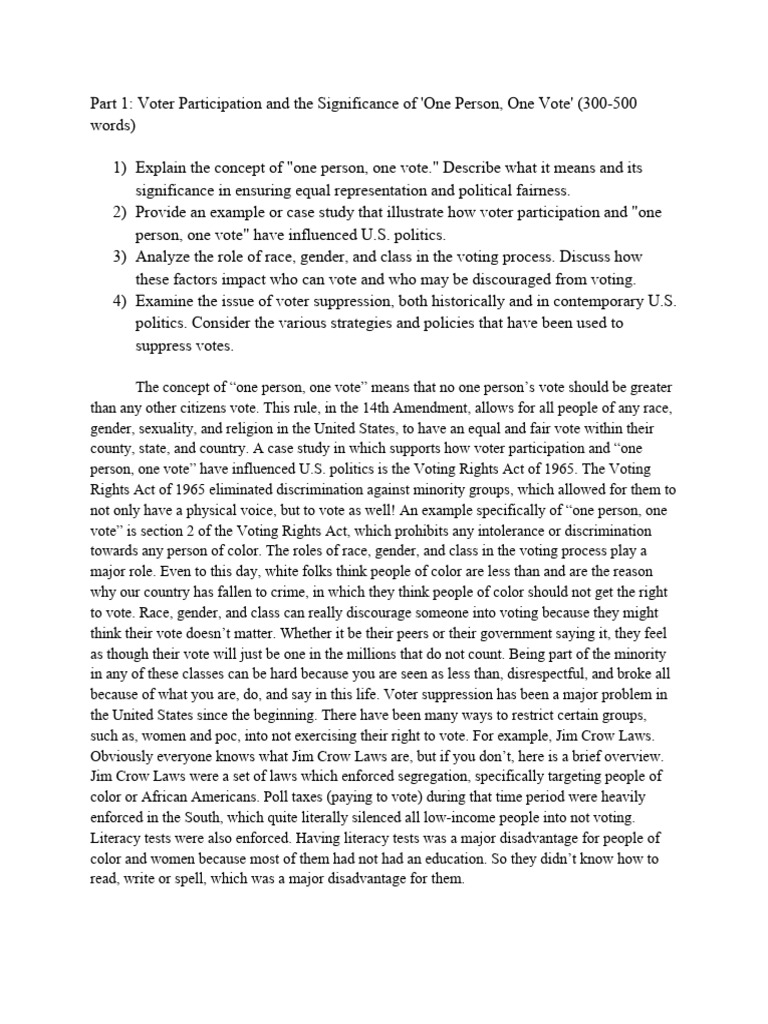 Critical Thinking Assignment - Voter Participation, 'One Person, One ...