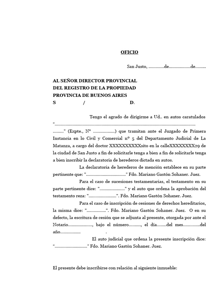 Oficio de Inscripcion de Declaratoria de Herederos en El Registro de La Propiedad Inmueble de La ...