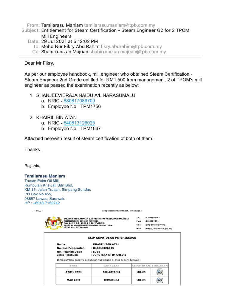 Entitlement For Steam Certification - Steam Engineer G2 For 2 TPOM Mill ...