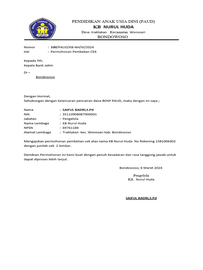 Surat permohonan pembelian cek rekening | PDF Surat permohonan pembelian cek rekening | PDF