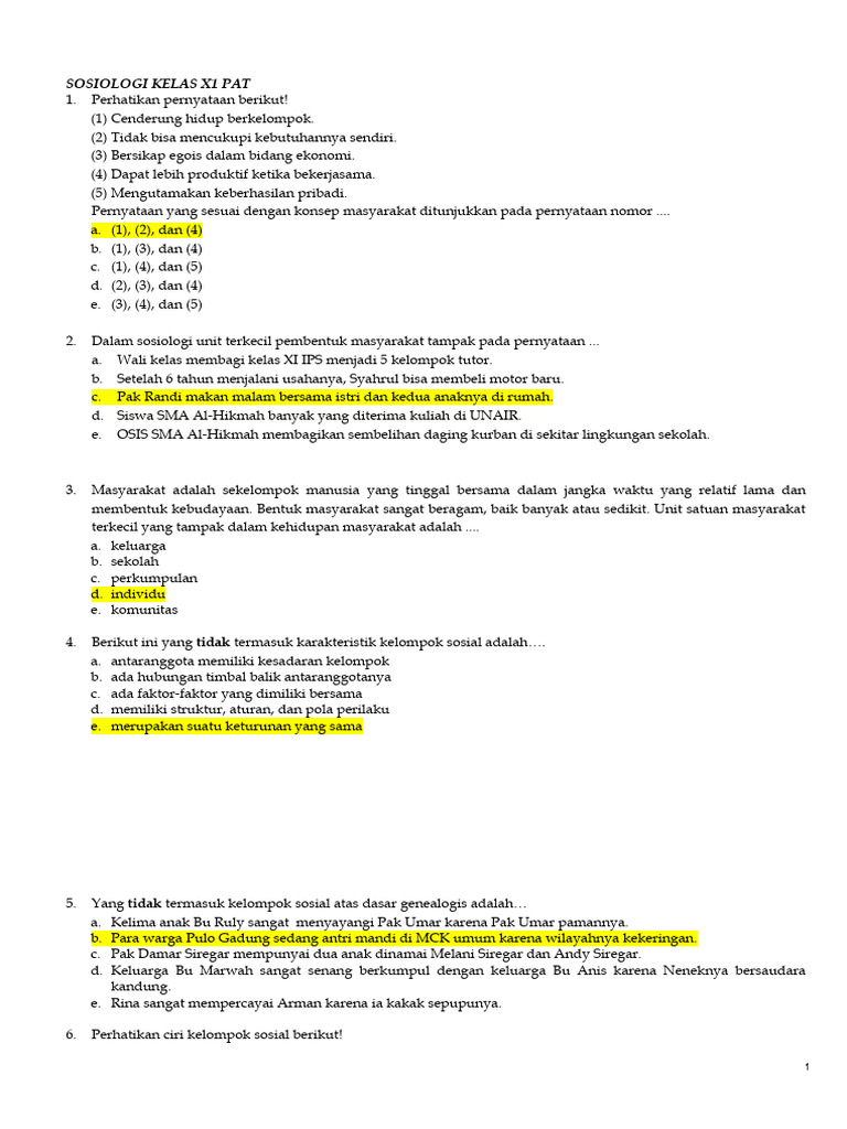 Soal PAT Sosiologi Kelas XI - Edit 40 | PDF
