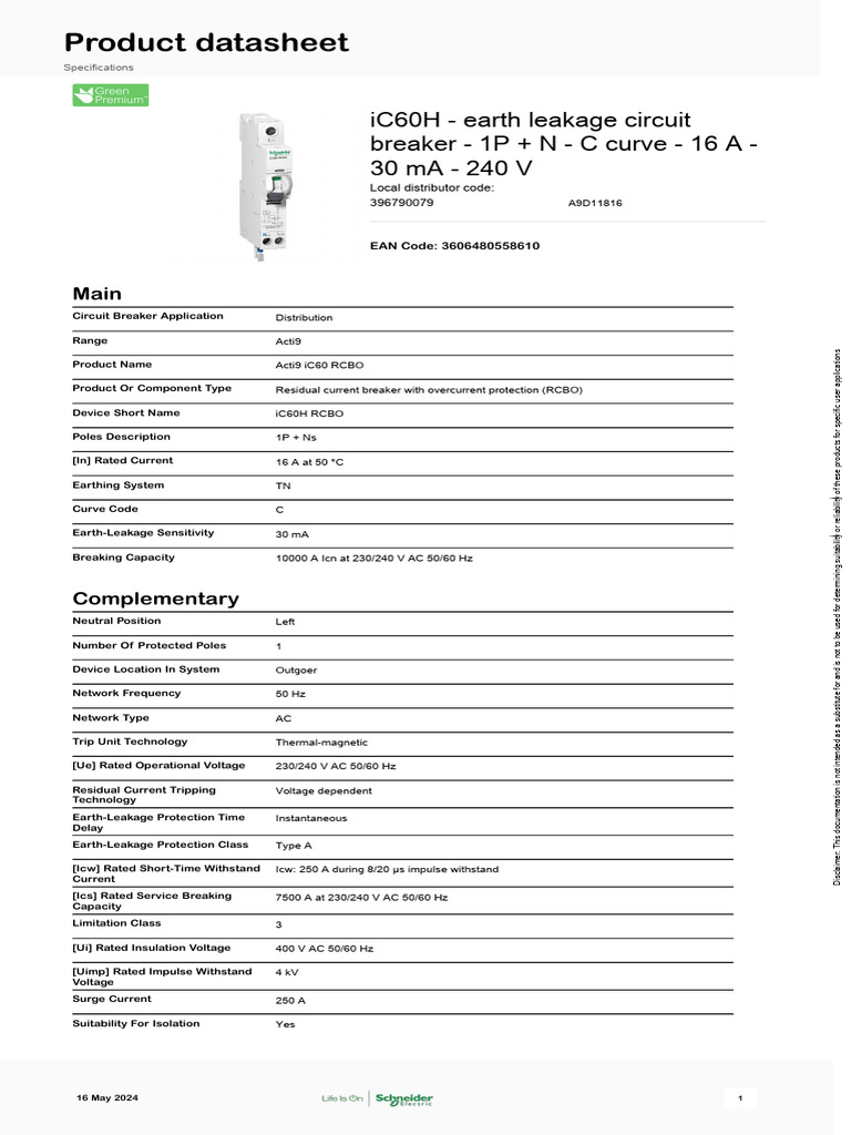 Schneider Electric - Acti9-iC60-RCBO - A9D11816 | PDF | Alternating ...