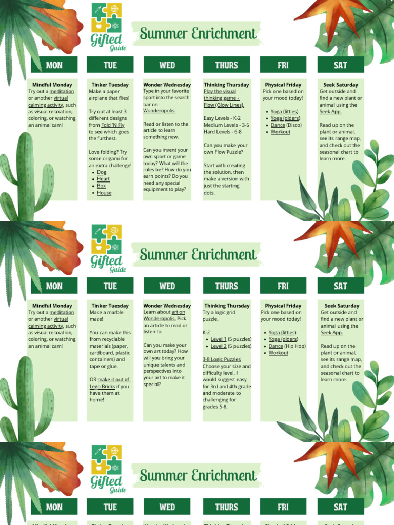 Gifted Guide - Summer Enrichment Calendar 1 | PDF | Meditation