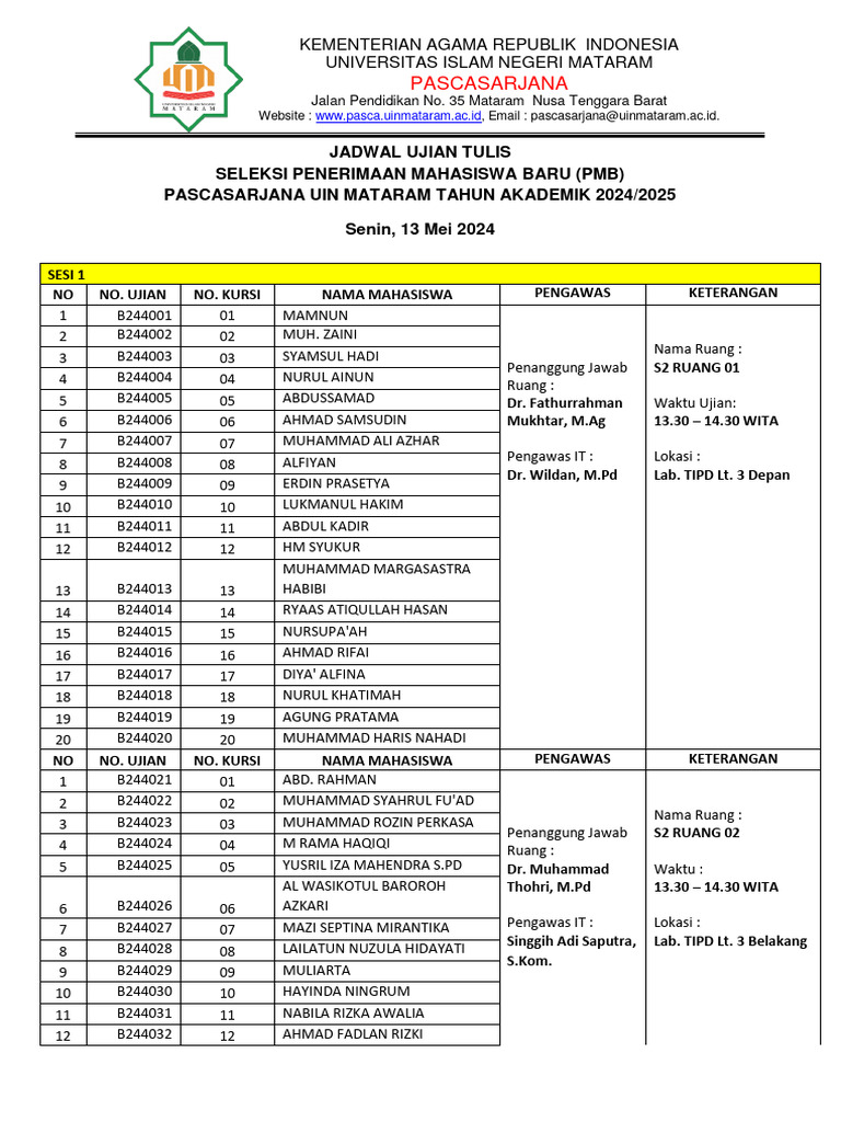 1. Jadwal Ujian Tulis Pmb Pascasarjana 2024-2 | PDF