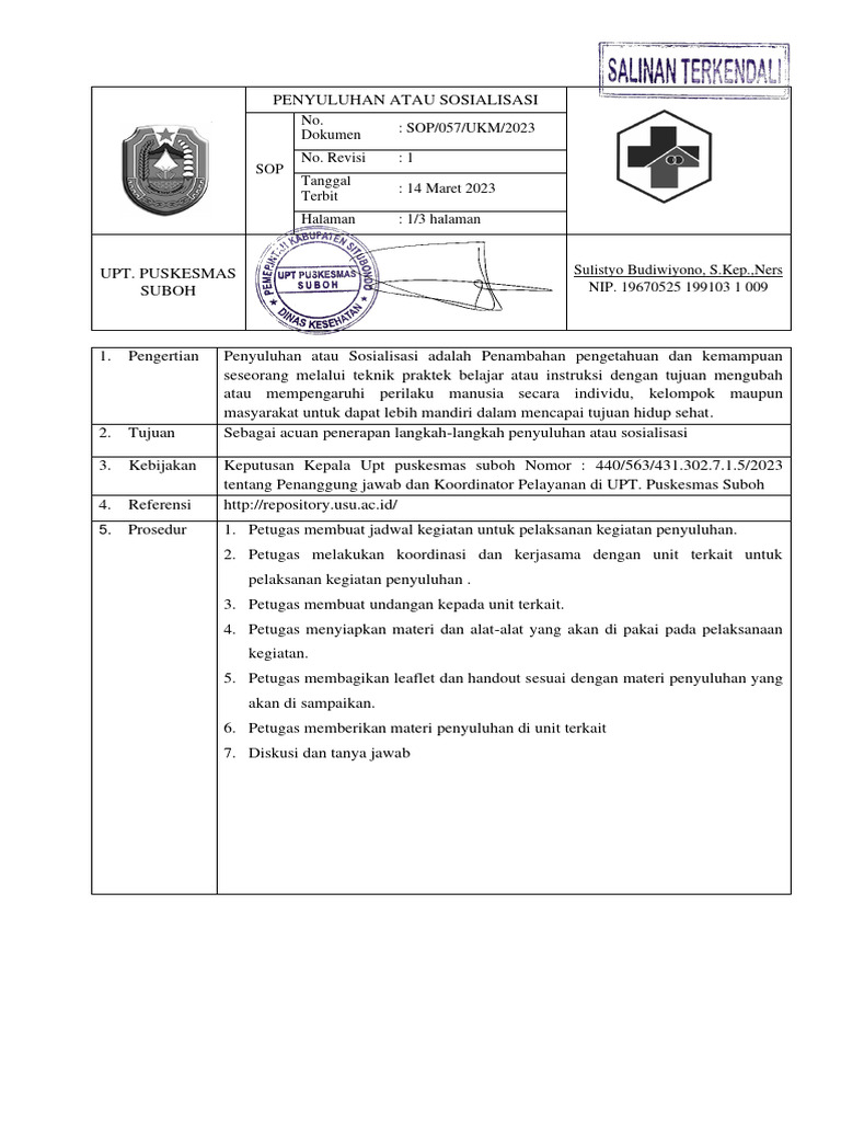 Contoh Sop Penyuluhan Dan Sosialisasi | PDF