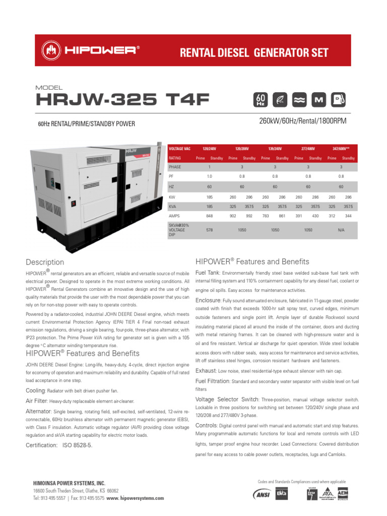 HIPOWER Towable Diesel HRJW-325-T4F - Spec Sheet 2-22-21 | Download ...