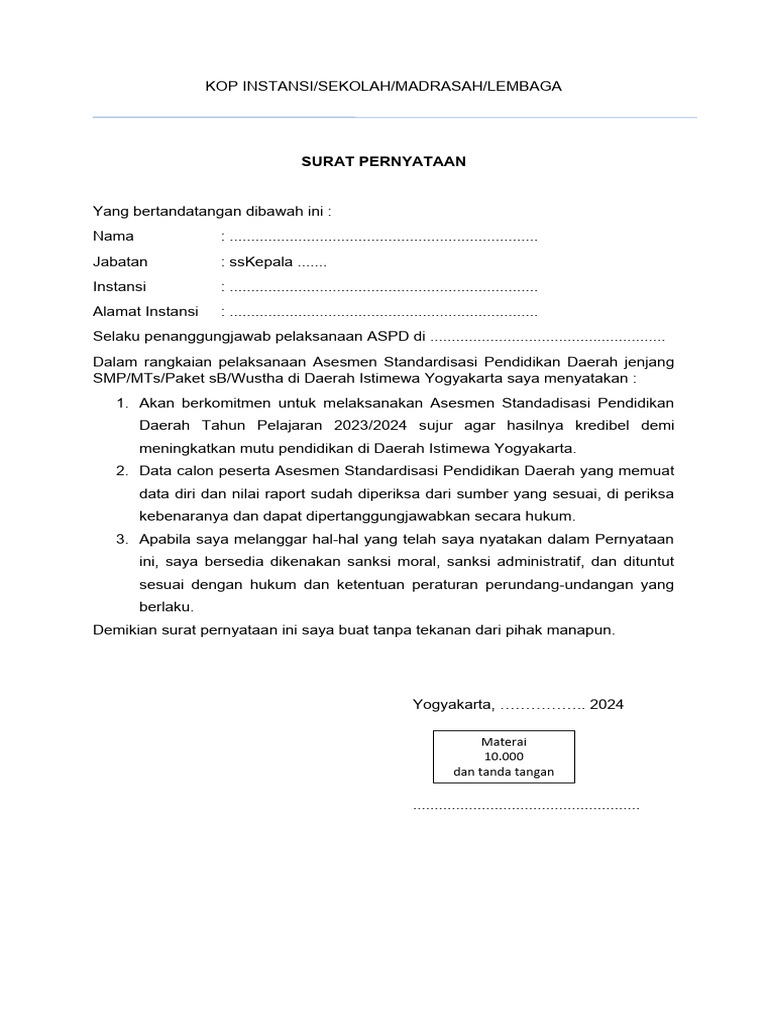 Surat - Pernyataan - Aspd - 2024 - Cop | PDF