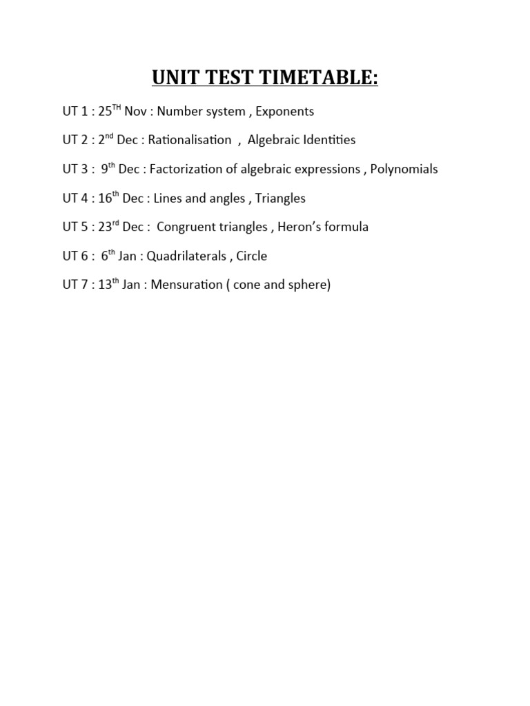 Unit Test Timetable | PDF
