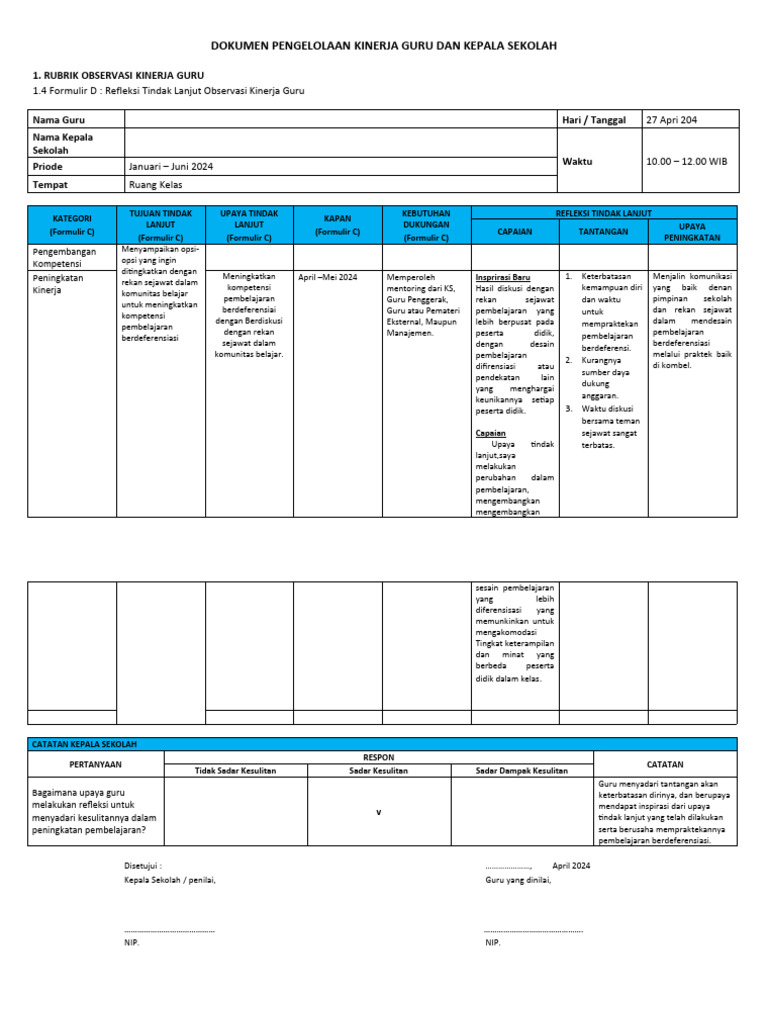 6b. Form D - Refleksi Tindak Lanjut Observasi Kinerja Guru | PDF