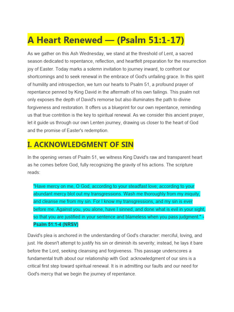 Lenten Reflection on Psalm 51: Renewal | PDF | Salvation | Sin