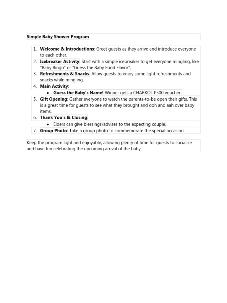 Simple Baby Shower Program | PDF