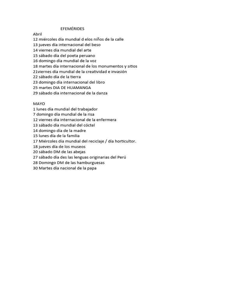 Efemérides Mensuales: Días Especiales | PDF | Perú