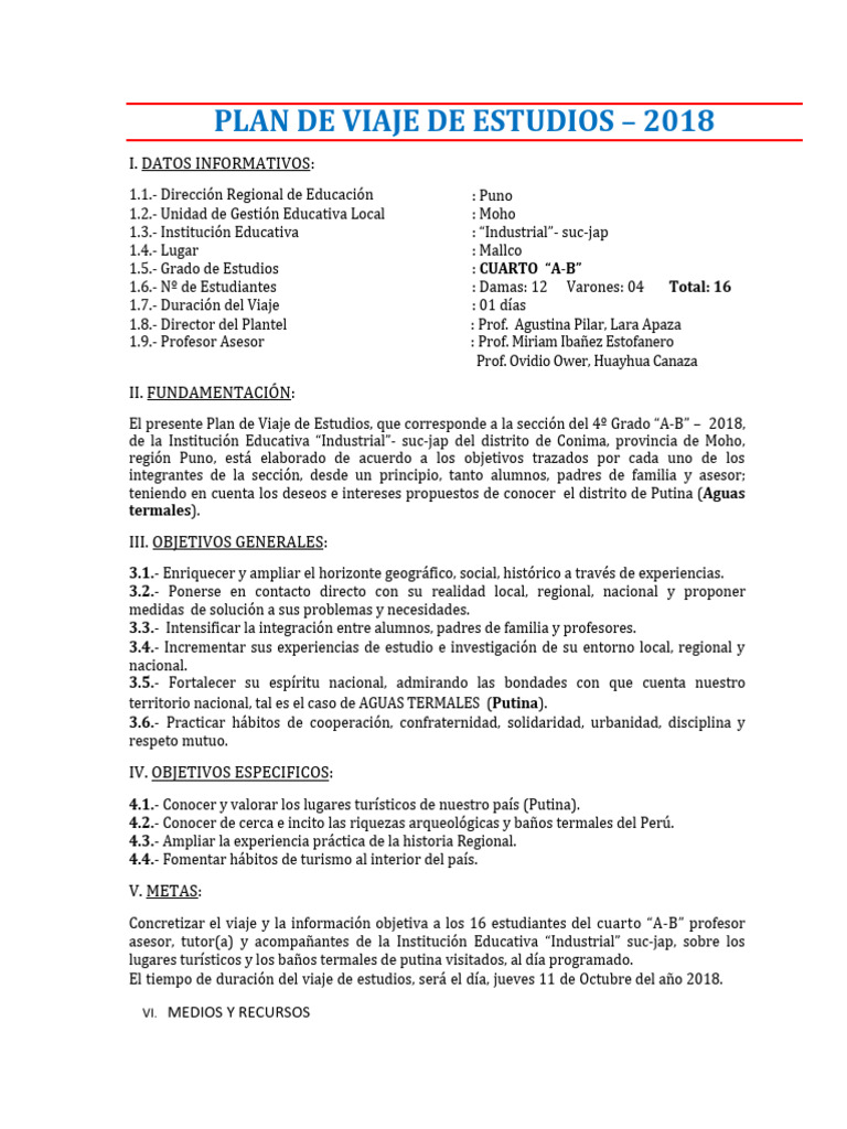 PLAN DE VIAJE DE ESTUDIOS | PDF