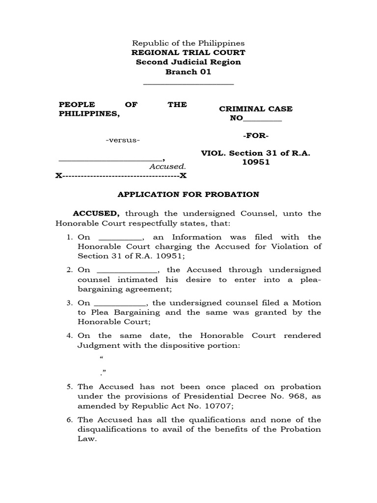 Application-for-Probation_sample | PDF | Probation | Plea Bargain