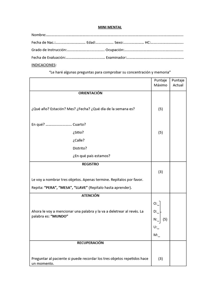 Mini Mental | PDF | Asunto (gramática) | Oración (Lingüística)
