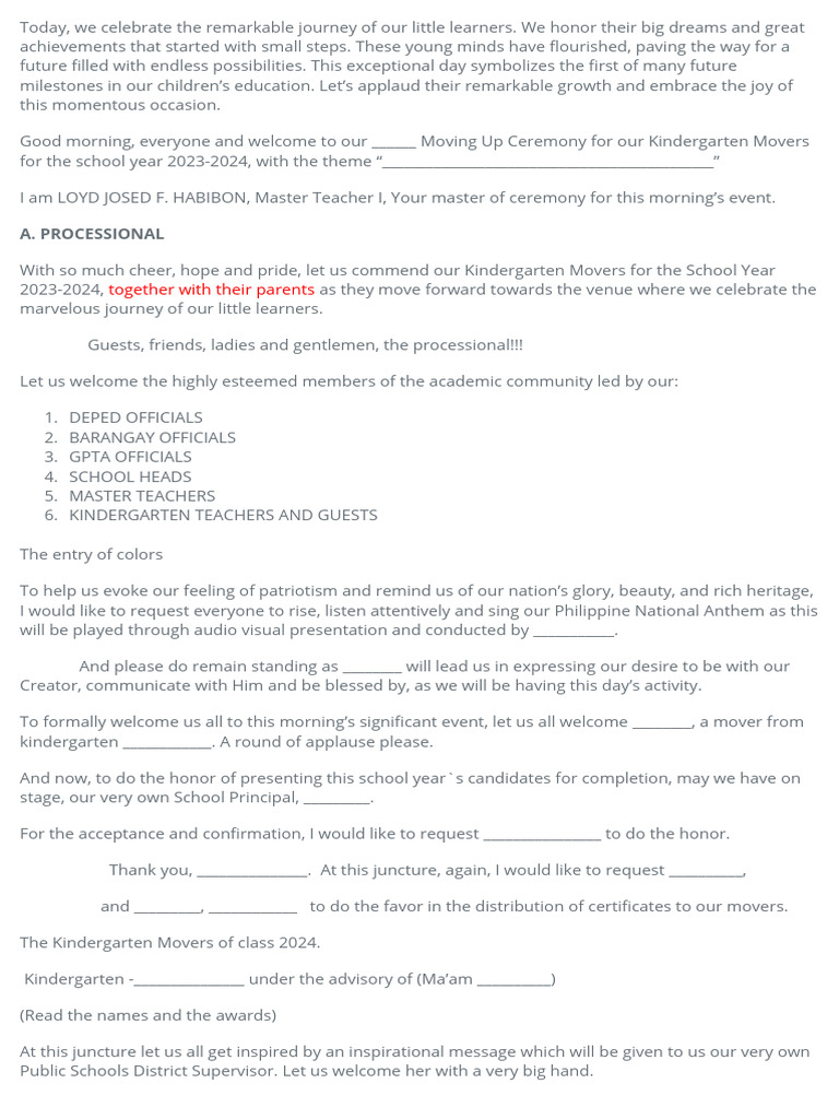 Kindergarten Moving-Up Ceremony Script | PDF
