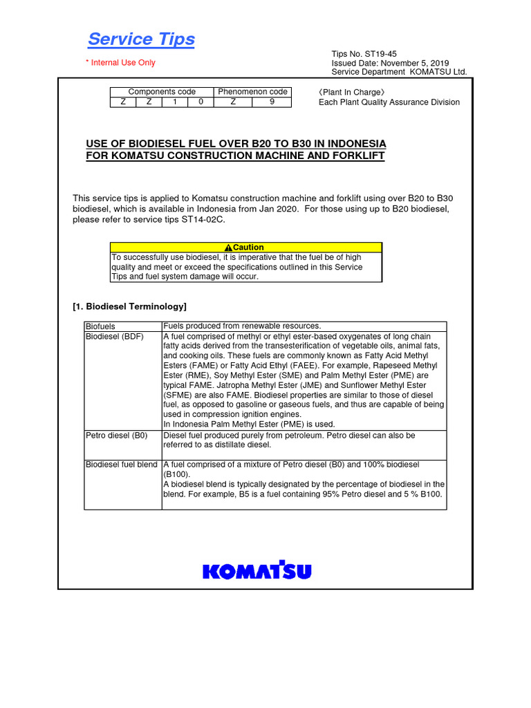 B30 Biodiesel Usage in Komatsu Machines | PDF | Biodiesel | Diesel Fuel